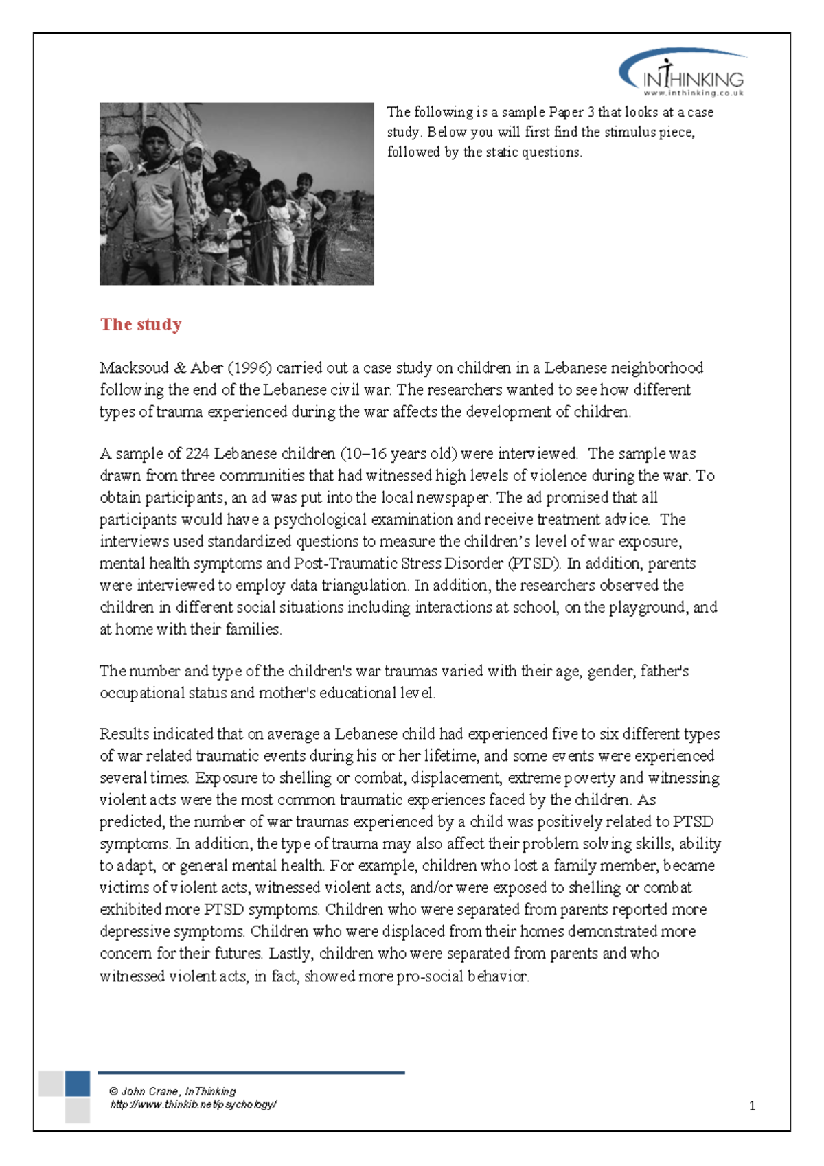 Case Study: Lebanese Children and PTSD After Civil War - Paper 3 - Studocu