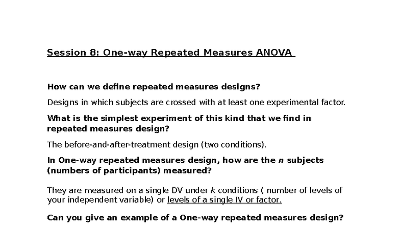 Stats 3 (midterm 2) - Session 8: One-way Repeated Measures ANOVA How ...
