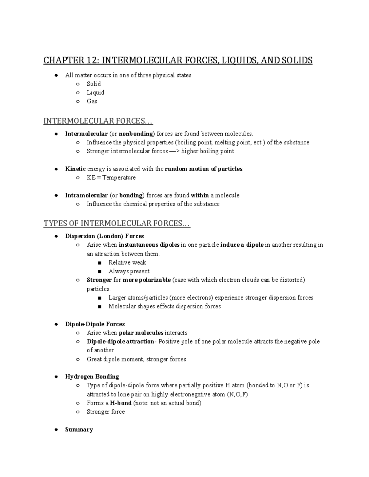 Chapter 12 notes - CHAPTER 12: INTERMOLECULAR FORCES, LIQUIDS, AND ...