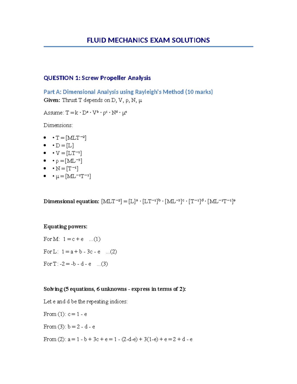Fluid Mechanics Exam Solutions: Dimensional Analysis & Similarity - Studocu