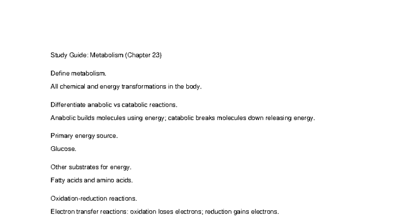 Metabolism Study Guide: Key Concepts & Pathways (BIO 101, Chapter 23 ...