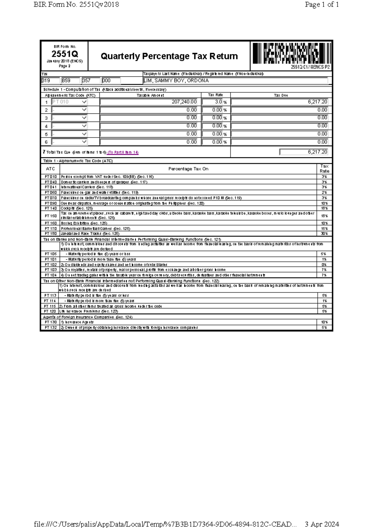 BIR Form 2551Q 2024 Q1 Quarterly Percentage Tax Return - Studocu