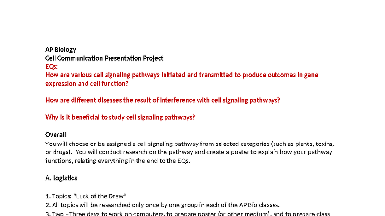 AP Biology Cell Communication Poster Project: Exploring Signaling ...