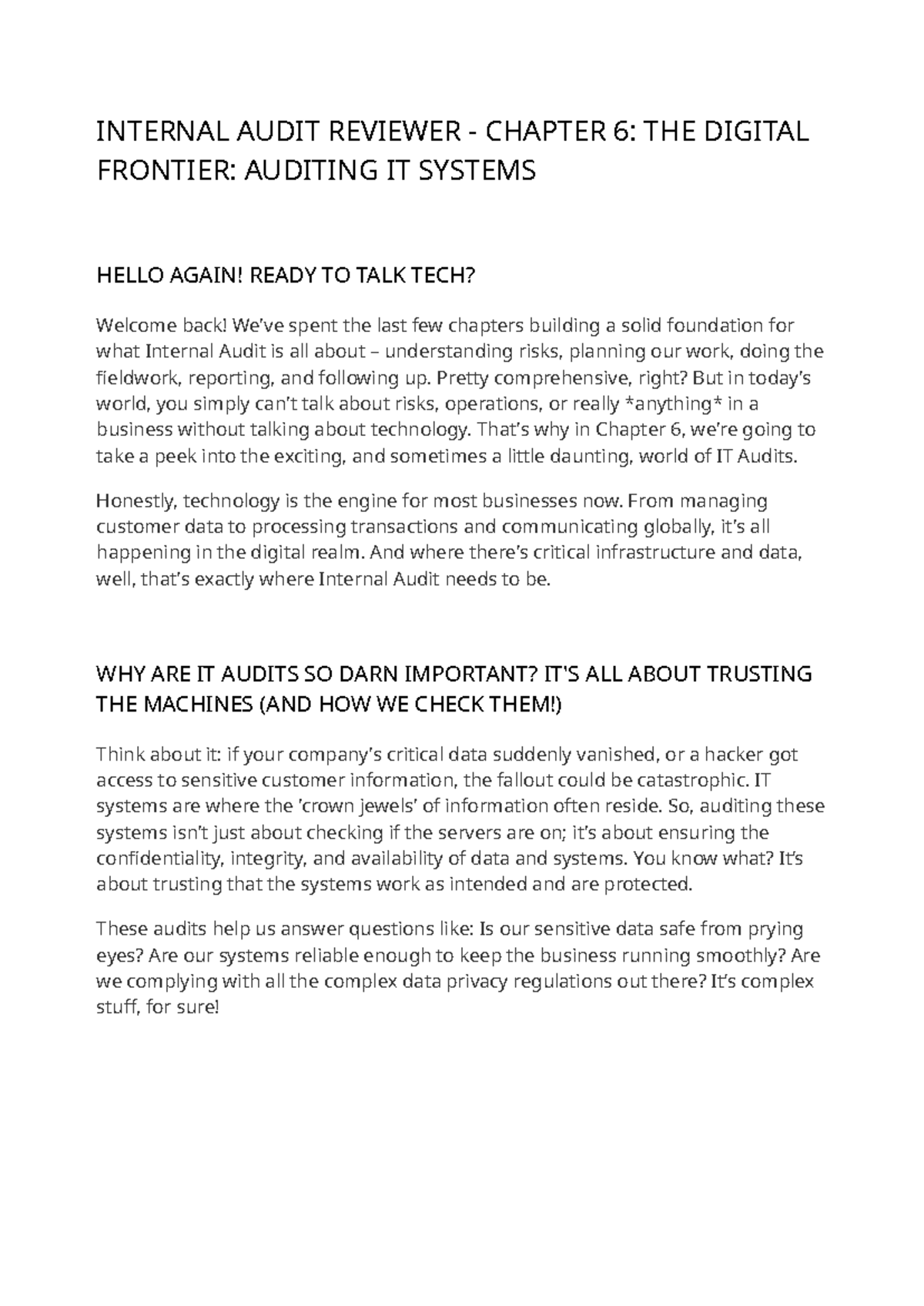 INTERNAL AUDIT ESSENTIALS: CHAPTER 6 - AUDITING IT SYSTEMS - Studocu