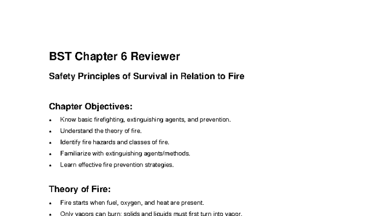 BST Chapter 6 Reviewer - Fire Safety Principles & Prevention - Studocu