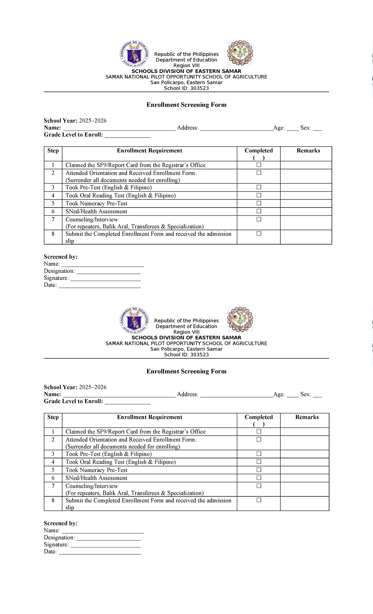 Enrollment Screening Form - Samar National Pilot Opportunity School ...