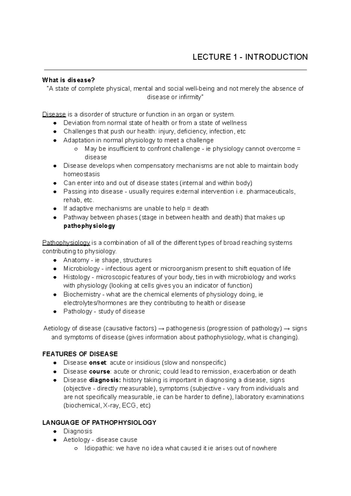 Human Pathophysiology Lecture Summary: Key Concepts and Definitions ...