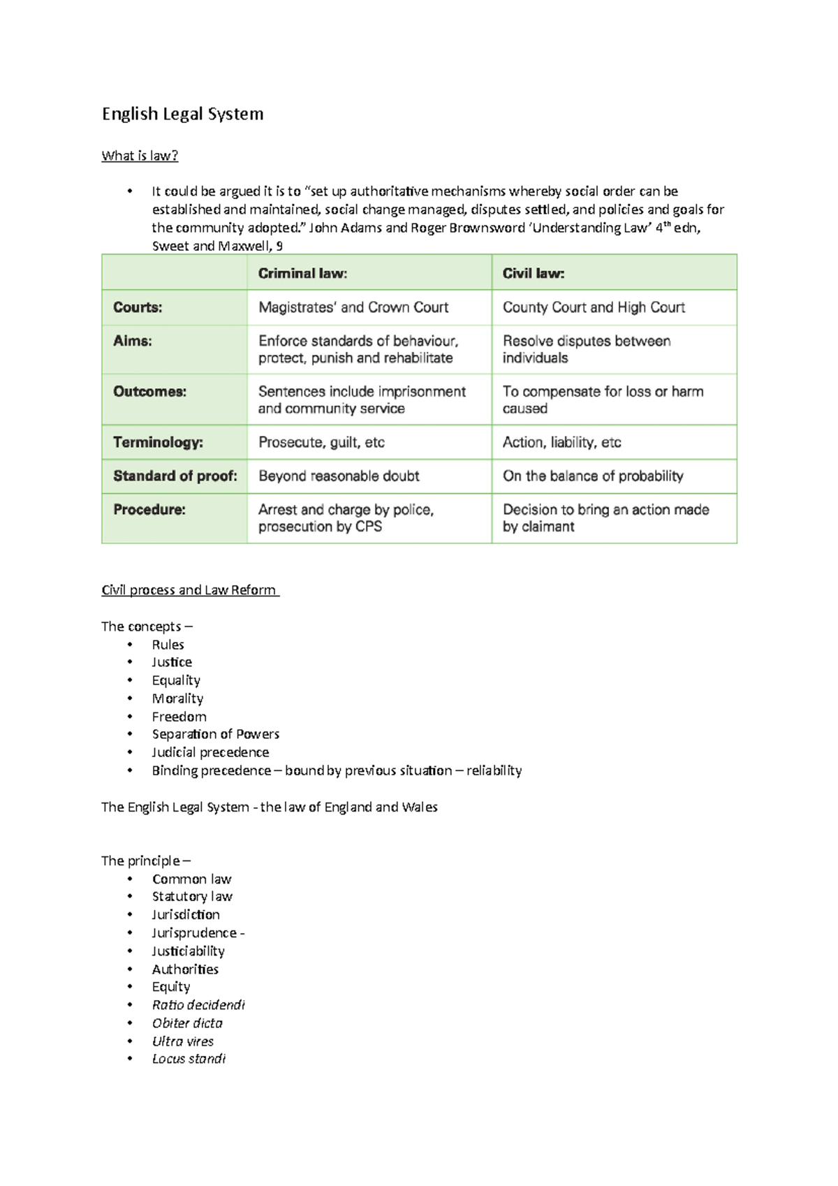 English Legal System Notes: An Overview of Structure and Reforms - Studocu