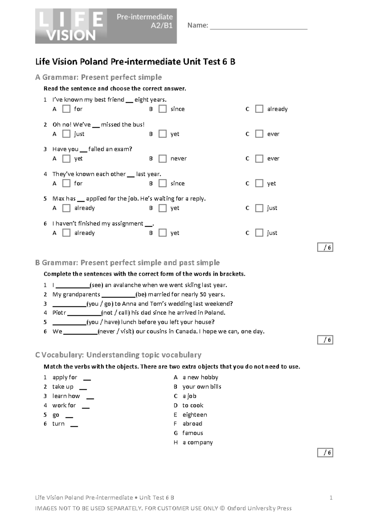 Life Vision Poland Pre-Intermediate: Unit Test 6B Guide - Studocu