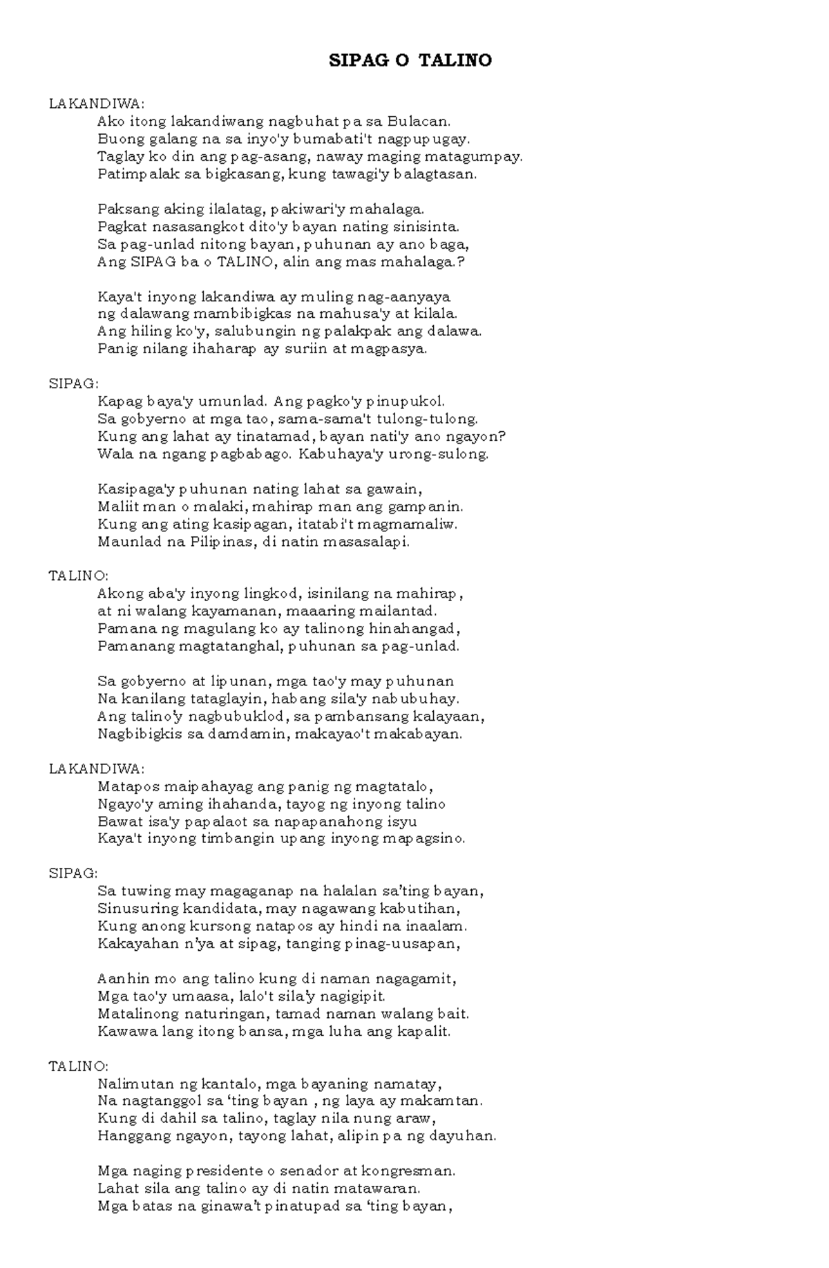 Balagtasan Skrip: Sipag o Talino? Pagtatalo ng mga Makata - Studocu