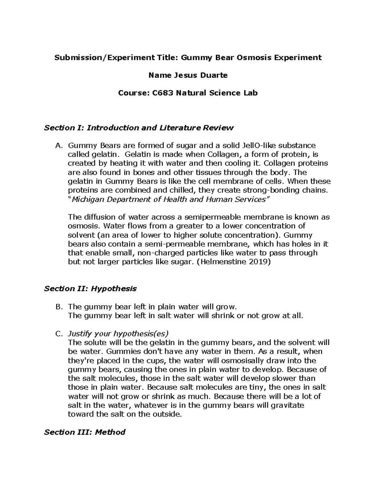 Gummy Bear Osmosis Experiment Details - Natural Science LAB C683 - Studocu