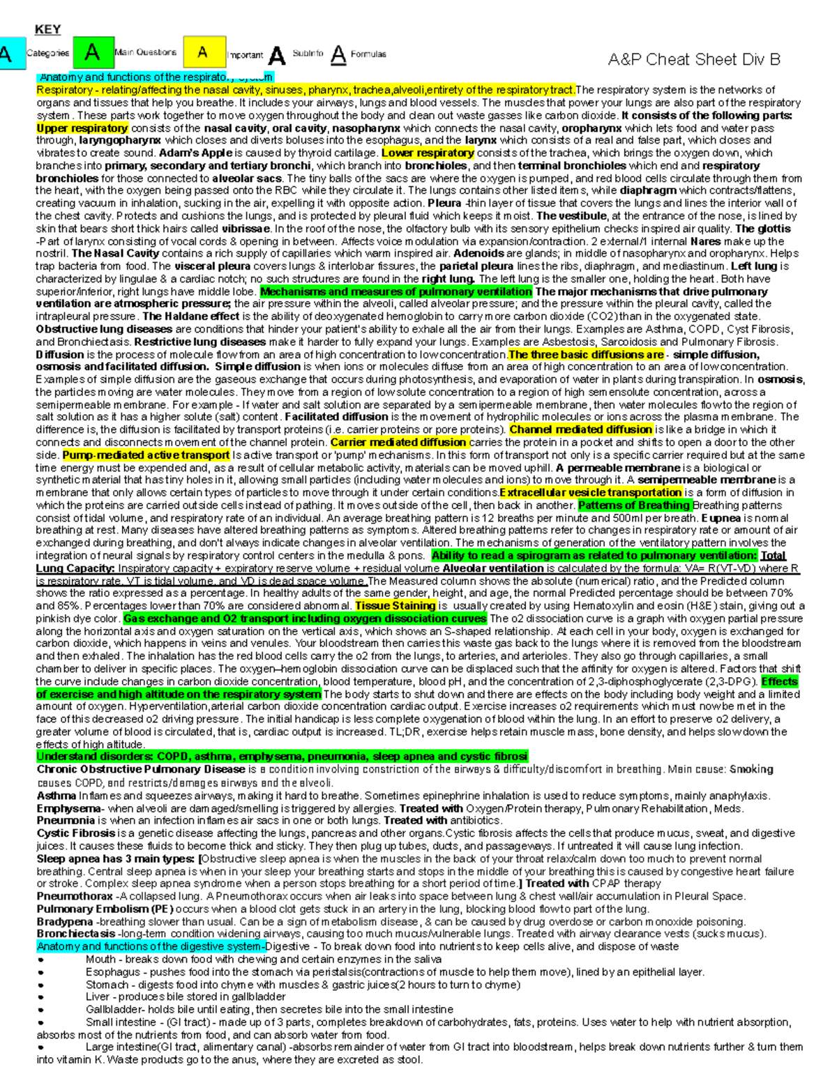A&P Scioly 2023: Cheat Sheet on Respiratory & Digestive Systems - Studocu