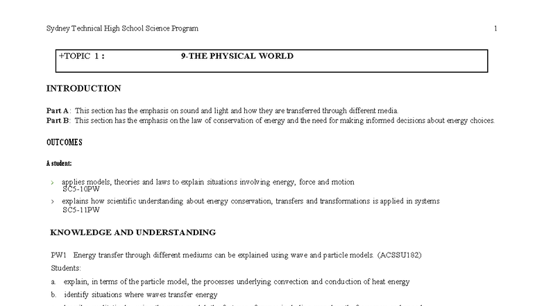 Sydney Technical High School Science Program 1: Physical World Overview ...