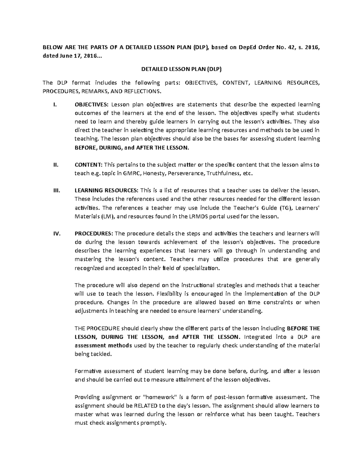 Detailed Lesson Plan (DLP) Components - DepEd Order No. 42, s. 2016 ...
