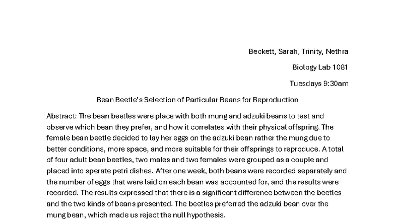 Biology Lab 1081: Bean Beetle Preference Study on Mung vs. Adzuki Beans ...