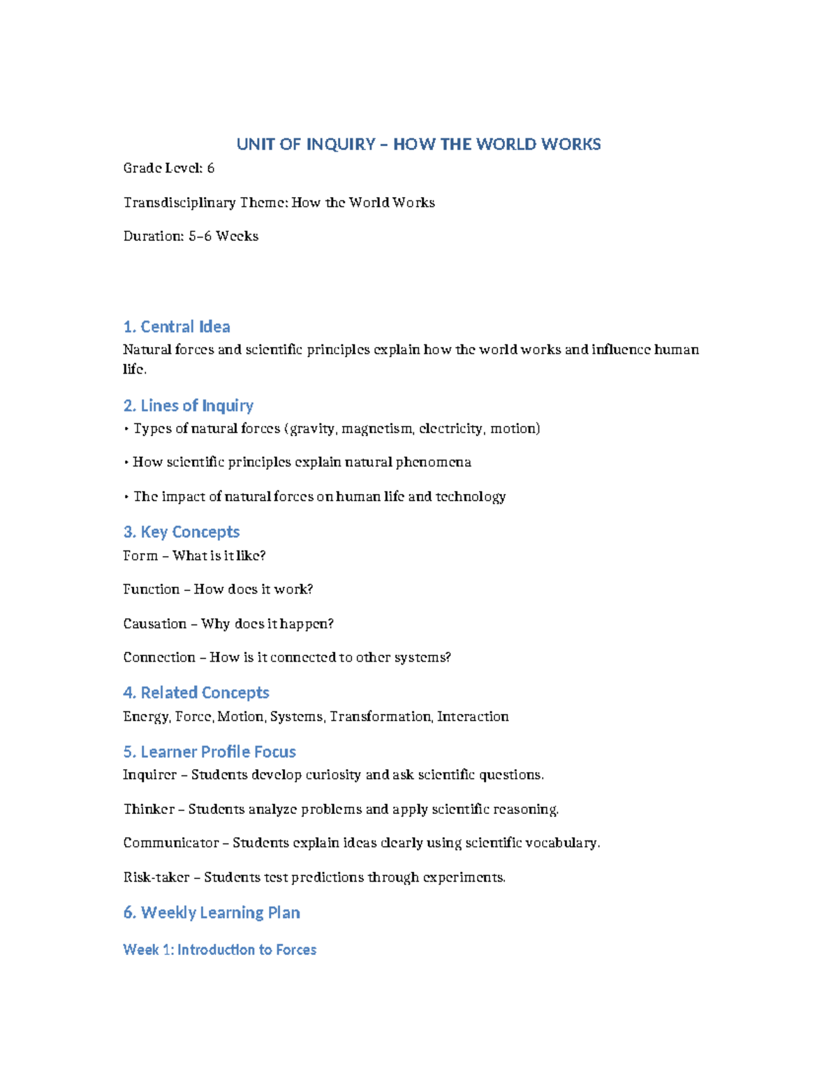 Grade 6 UOI: How the World Works - Inquiry & Learning Activities - Studocu