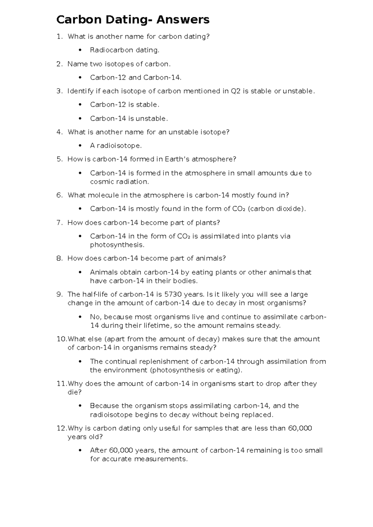 Carbon Dating Answers: Key Concepts and Isotope Details - Studocu