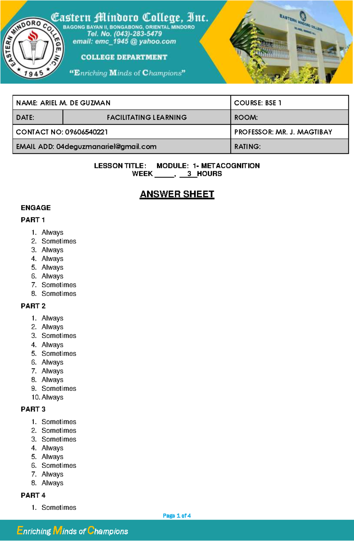 FLF- Module 1- Metacognition - Page 1 of 4 LESSON TITLE: MODULE: 1 ...