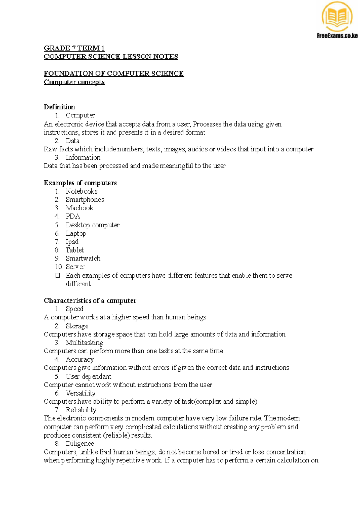 Grade 7 CS Term 1 Lesson Notes: Foundations of Computer Science - Studocu