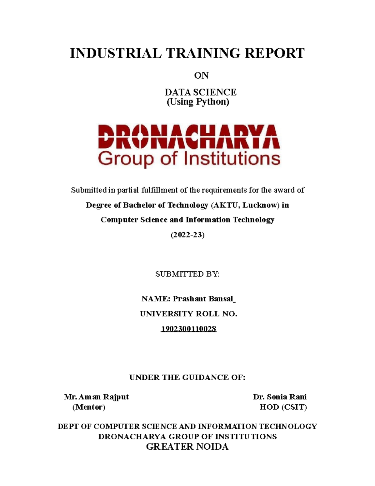 Industrial Training Report on Data Science using Python (B.Tech 2022-23 ...
