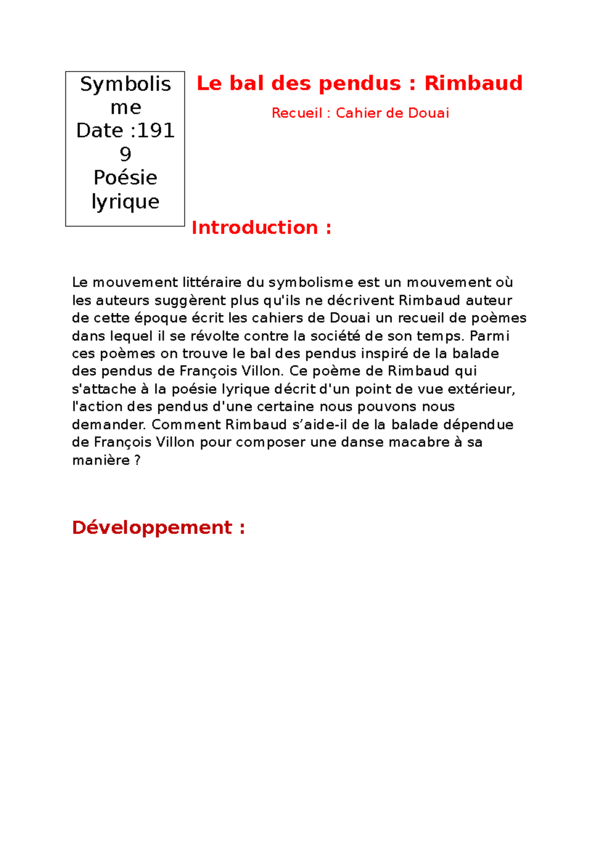 Fiche de Lecture - Le Bal des Pendus de Rimbaud (Cahier de Douai) - Studocu
