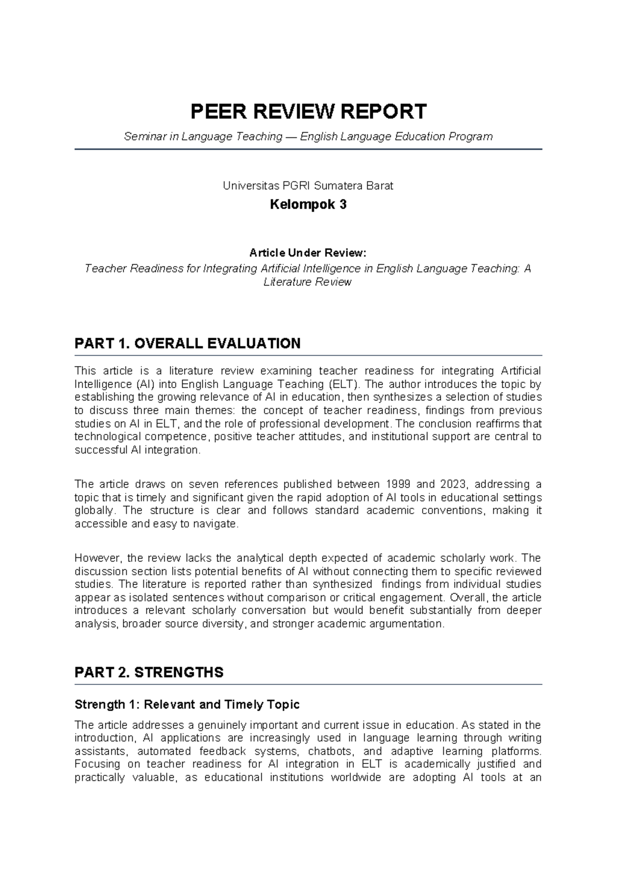 Peer Review Report: Teacher Readiness for AI in ELT (Seminar in ...