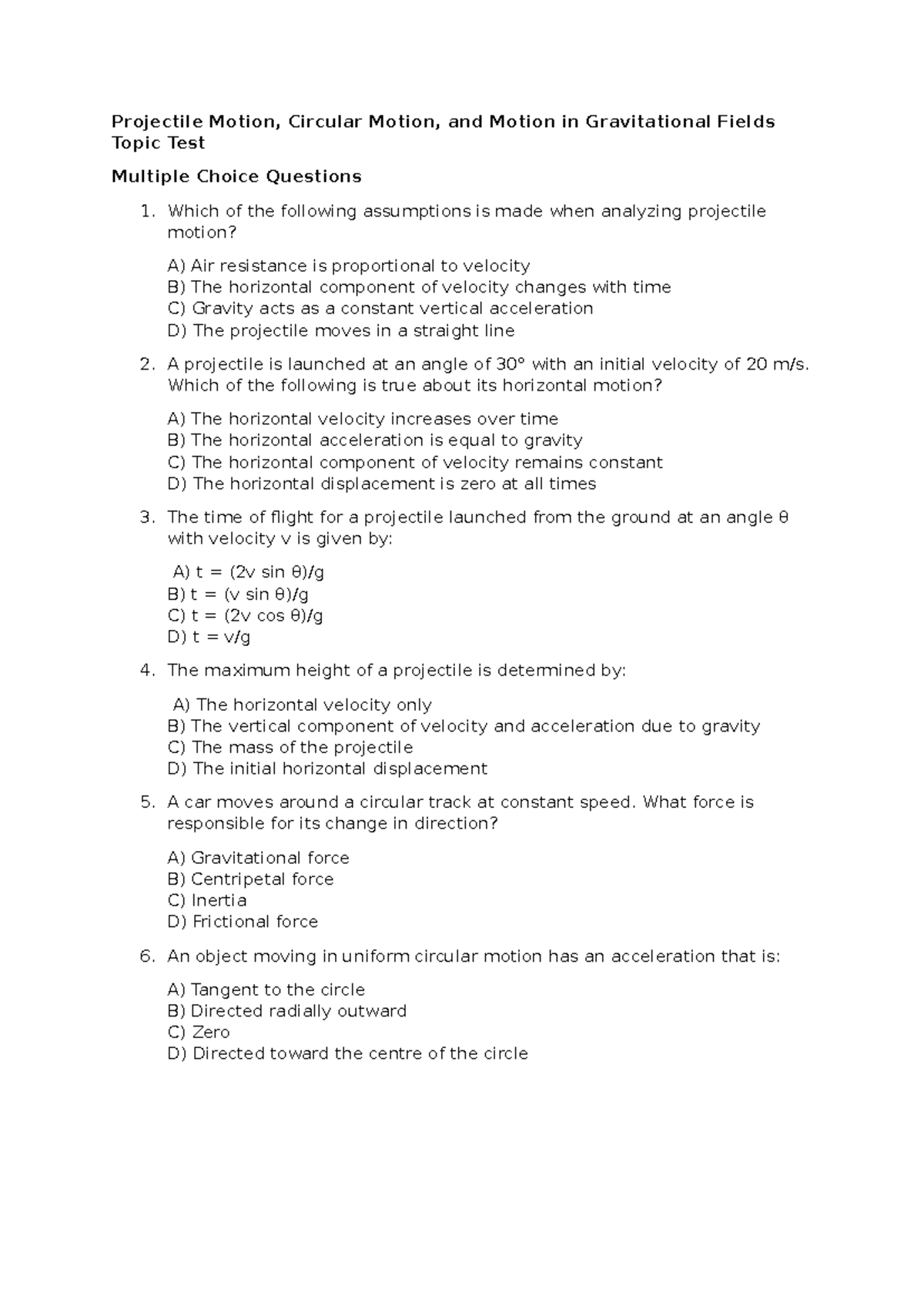Module 5: Projectile & Circular Motion Topic Test MCQs and Responses ...