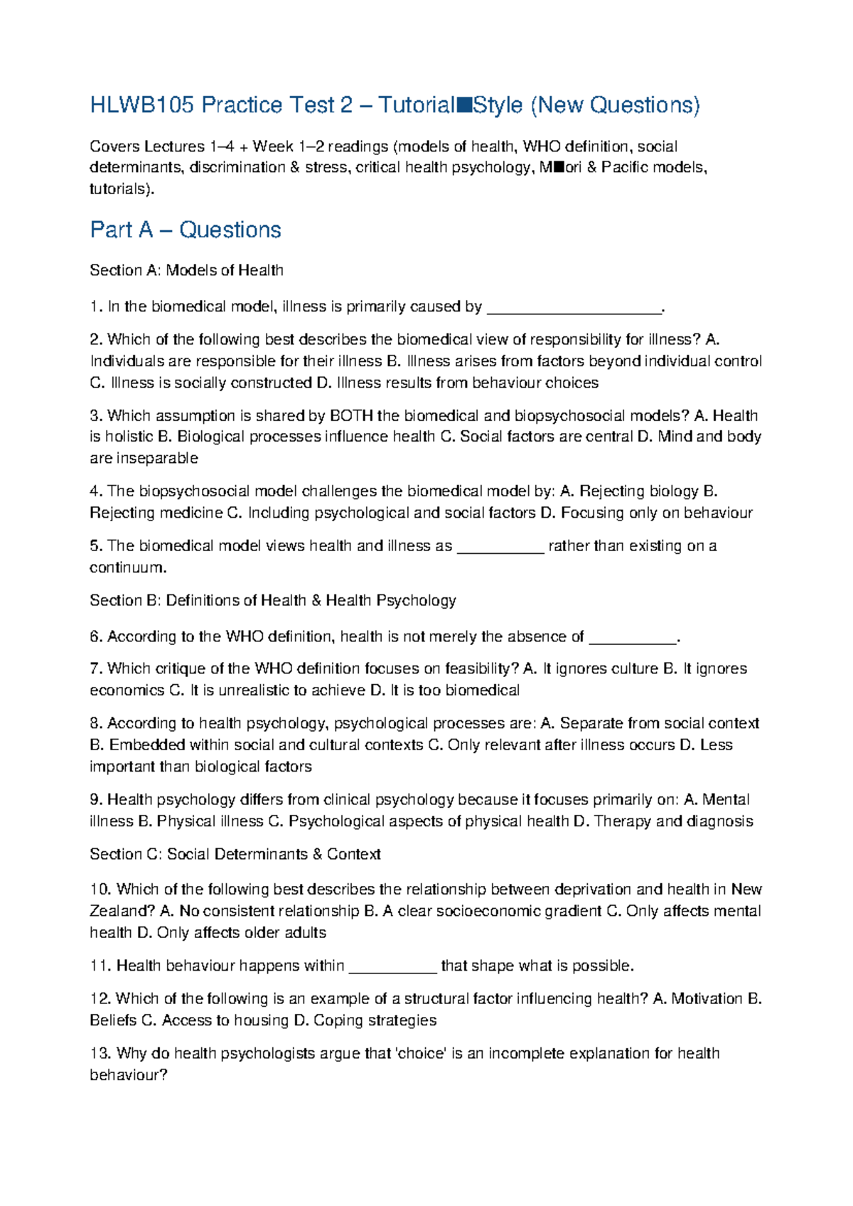 HLWB105 Practice Test 2: Questions & Answers Overview - Studocu