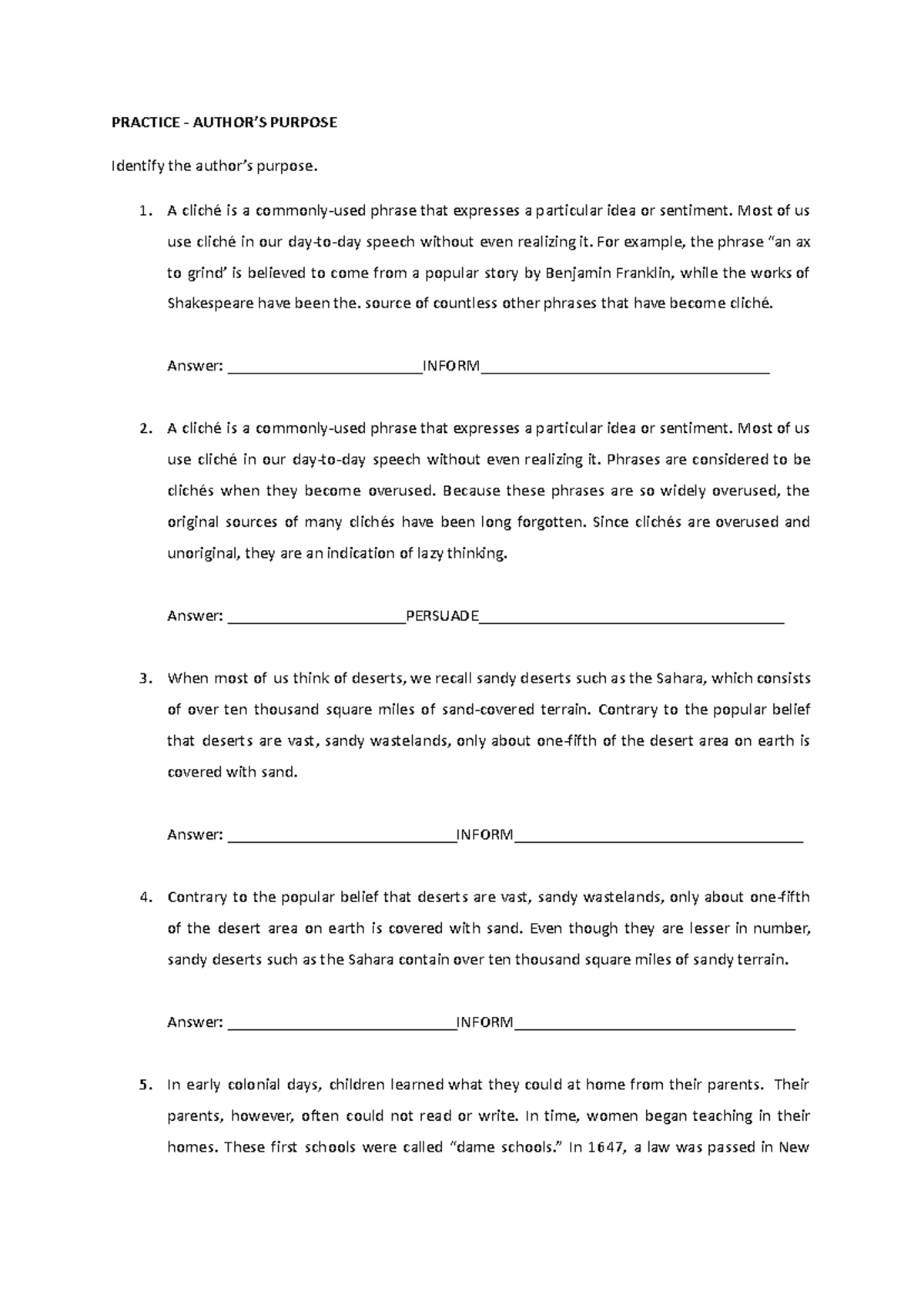 ENG 102: Practice on Identifying Author’s Purpose in Texts - Studocu
