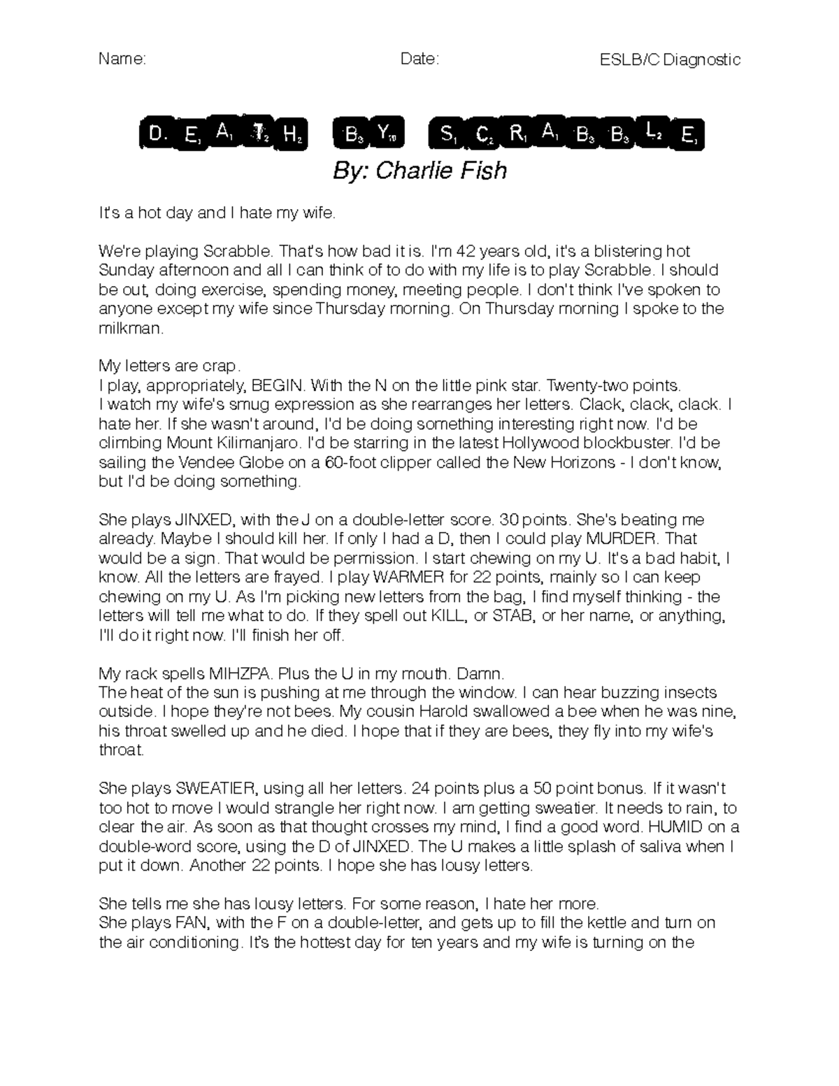 Death by Scrabble: Reading Diagnostic ESLBC-1 Analysis and Questions ...