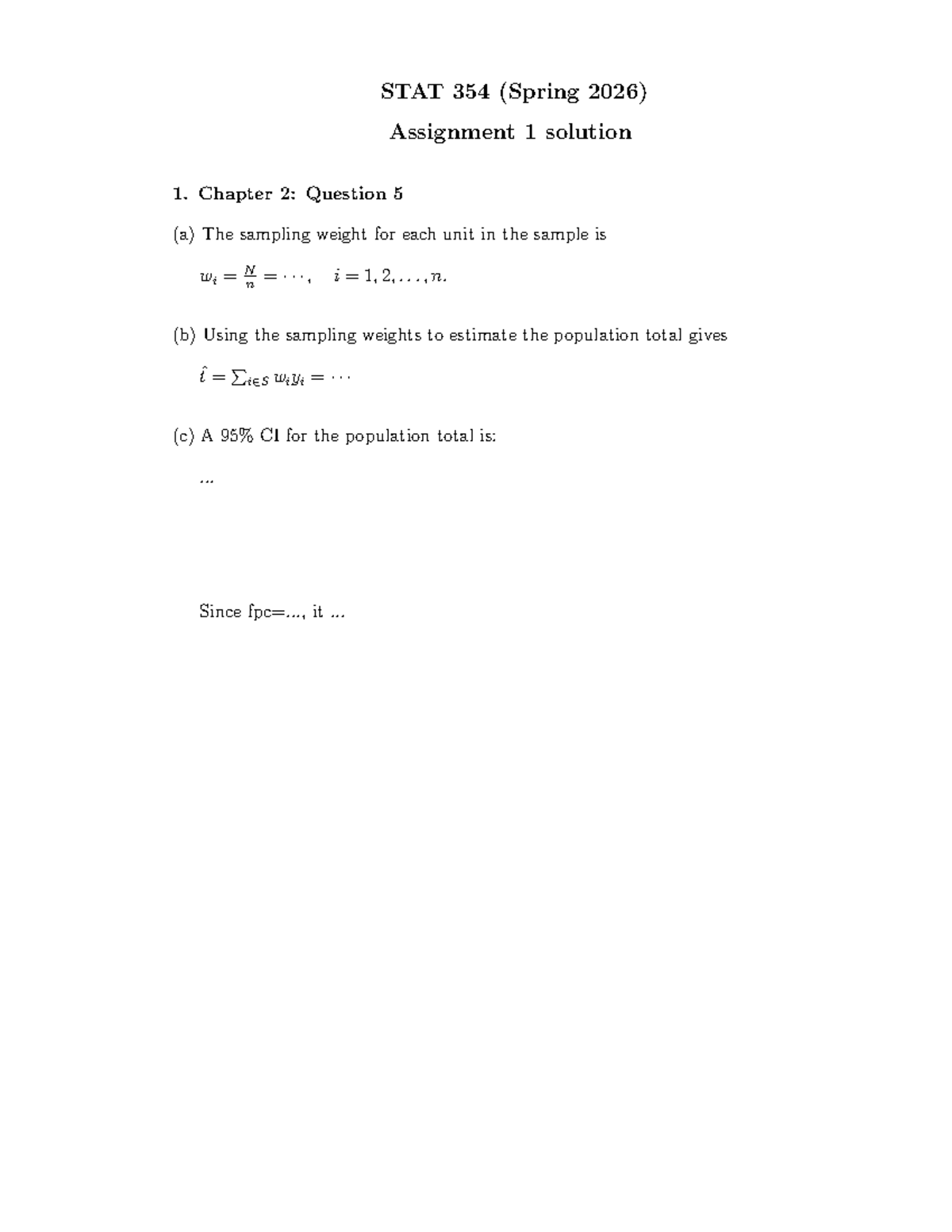 STAT 354 (Spring 2026) Assignment 1 Solutions: Chapter 2 Analysis - Studocu