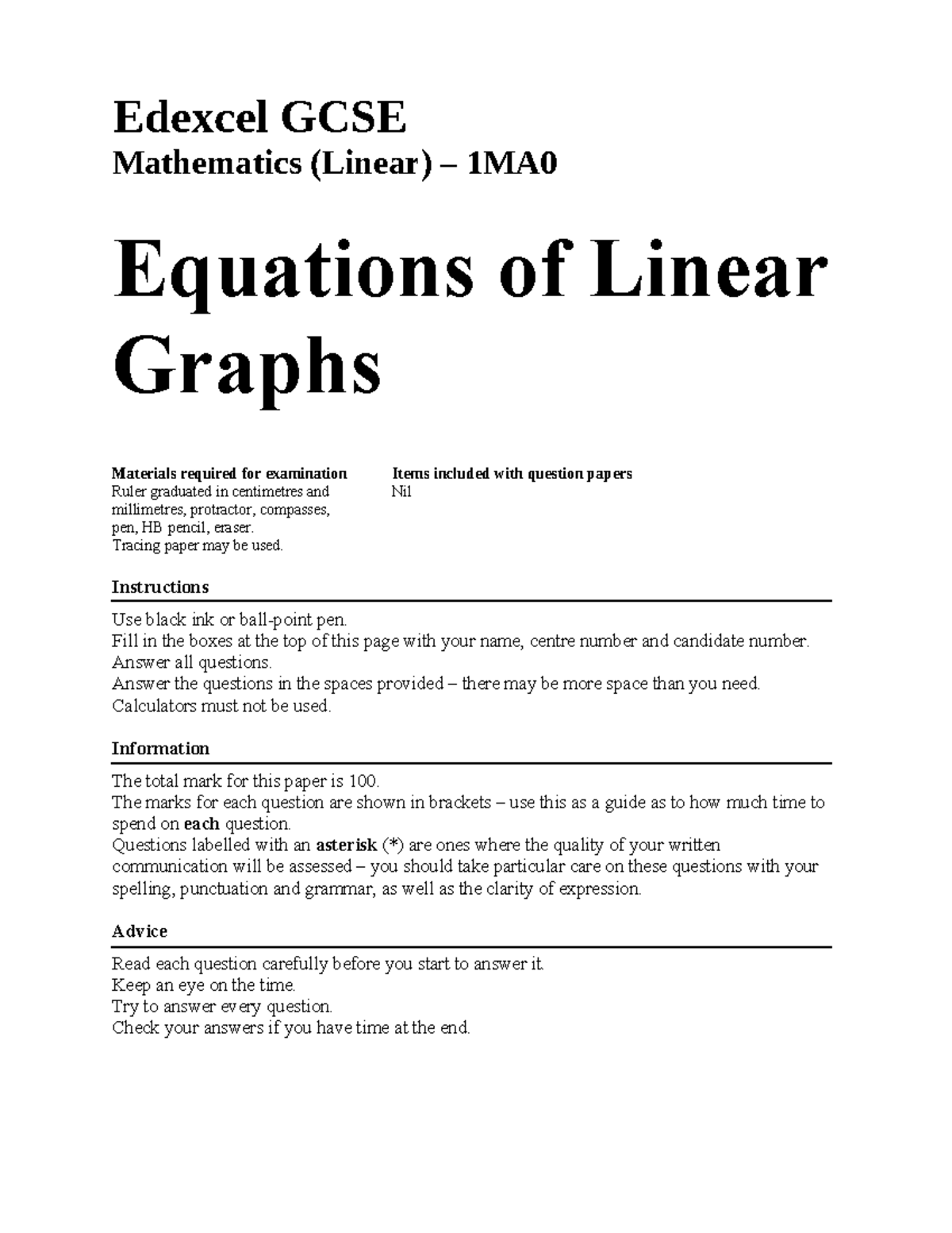 Edexcel GCSE Maths 1MA0 Final Exam: Equations of Linear Graphs - Studocu