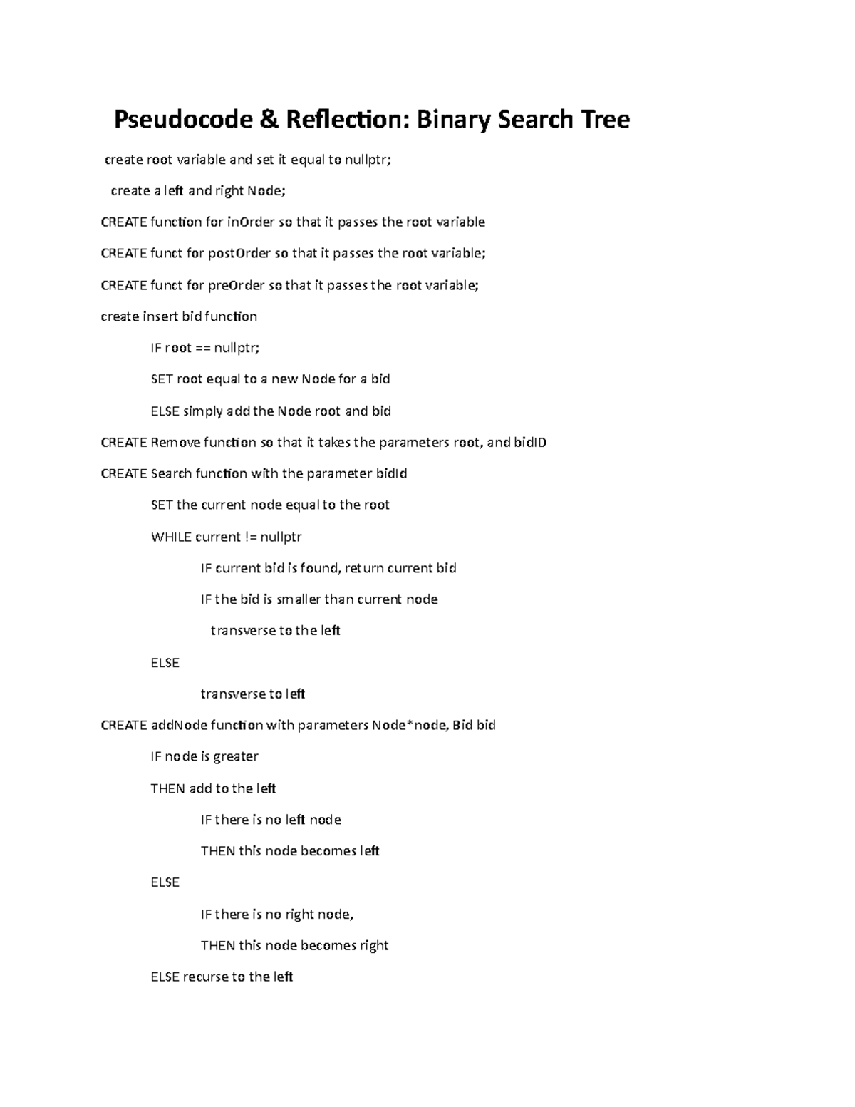 CS 300 Pseudocode & Reflection on Binary Search Tree Implementation - Studocu
