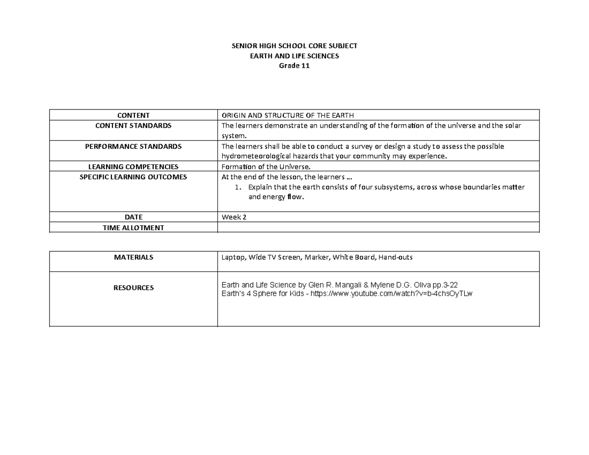 Grade 11 Earth and Life Sciences: Subsystems of Earth Overview - Studocu