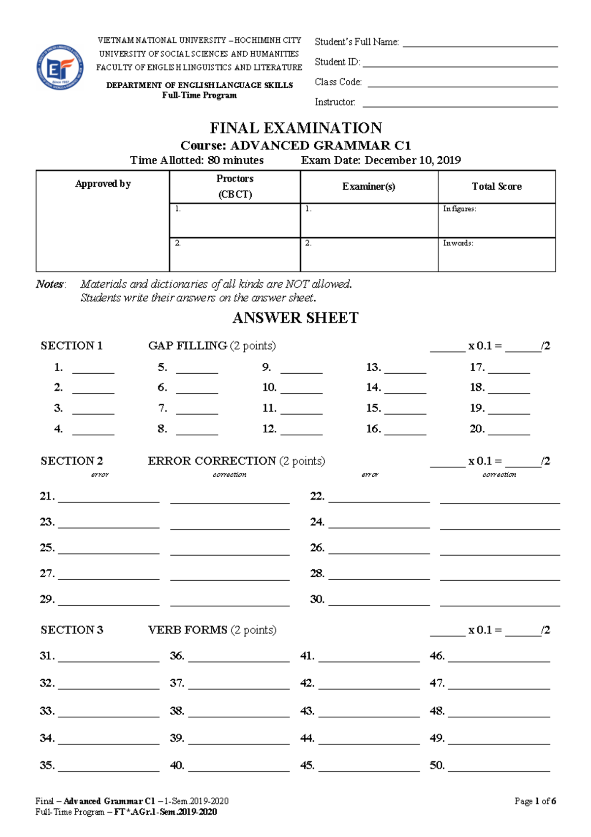 FT - Final Exam - Advanced Grammar C1 - 1st Semester 2019-2020 - Studocu