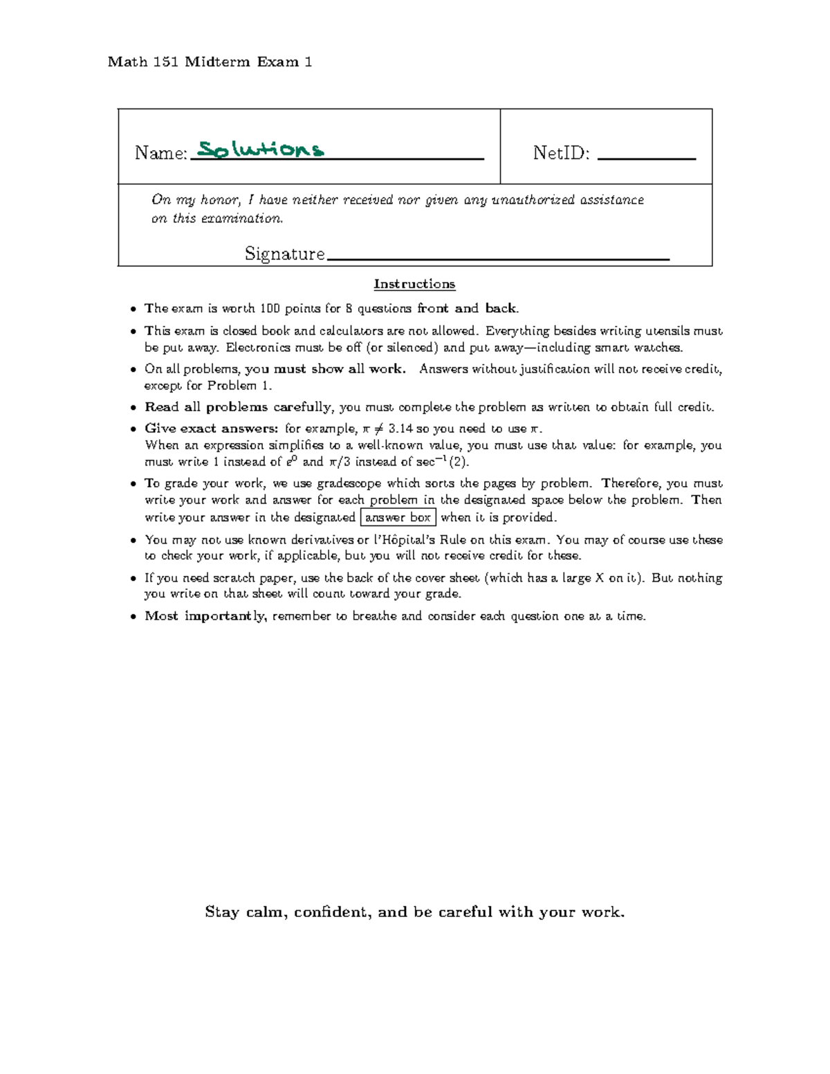Math 151 Midterm Exam 1A Solutions and Practice Guide - Studocu