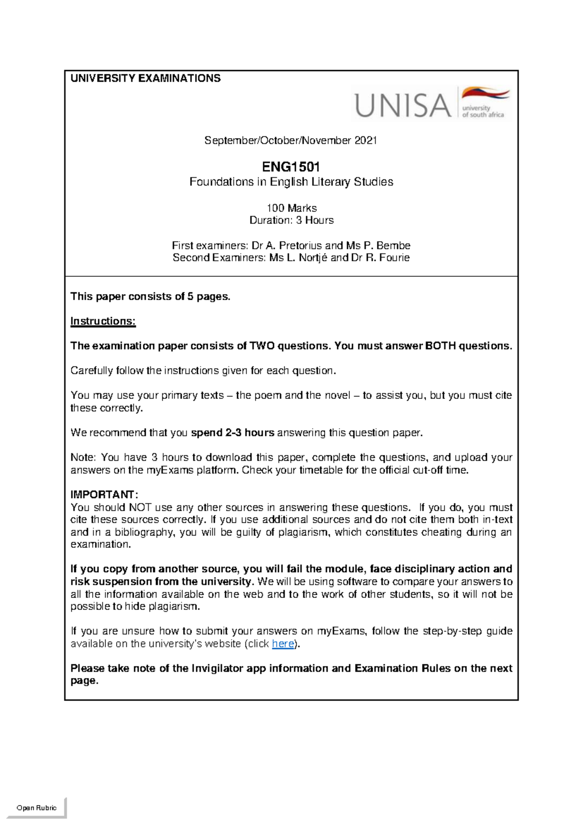 ENG1501 Examination Sep-Nov 2021 - UNIVERSITY EXAMINATIONS September ...