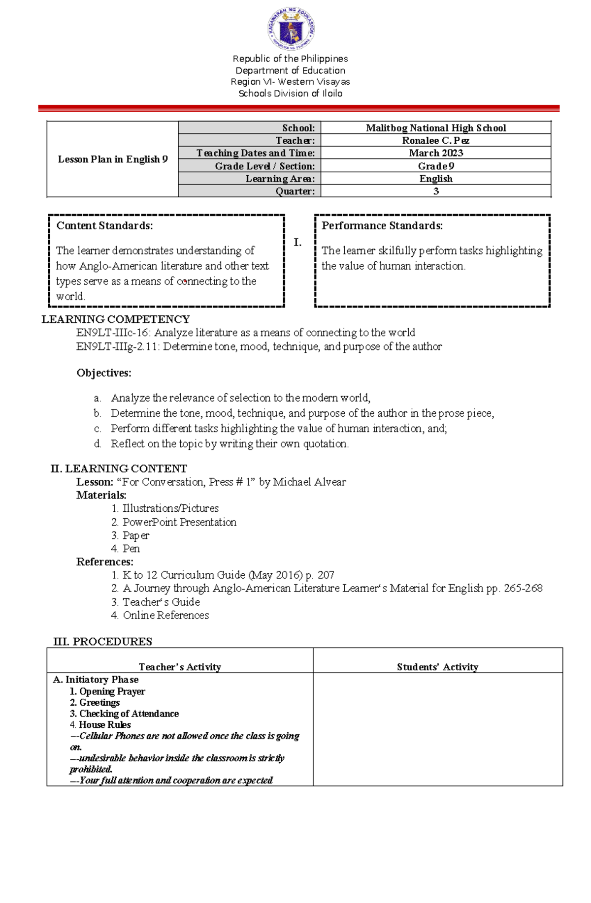 LP-FOR-DEMO - lesson plan - Lesson Plan in English 9 School: Malitbog ...