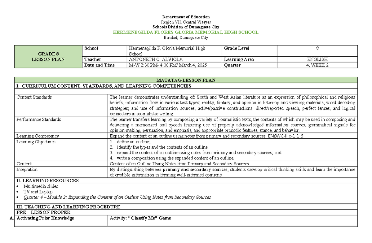 Grade 8 English Lesson Plan Q4, Week 2: Outlining with Sources - Studocu