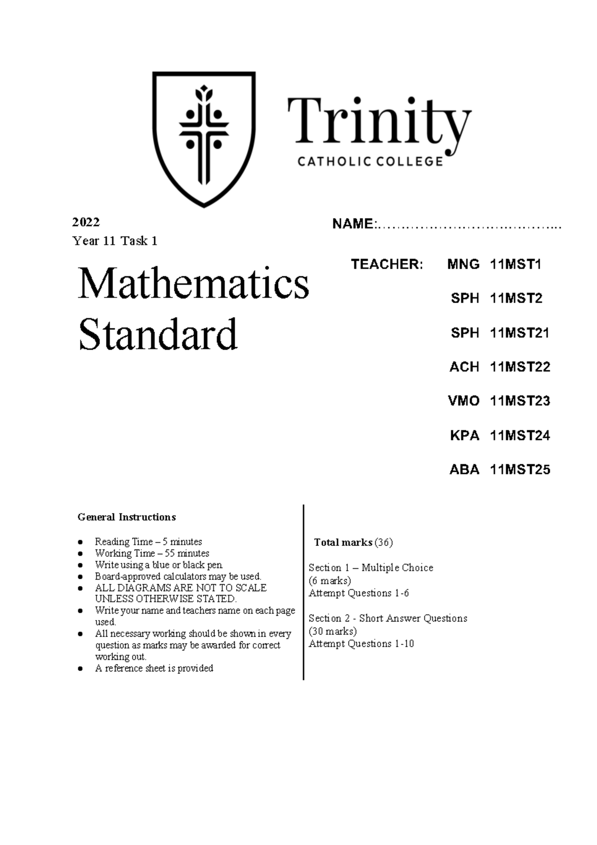 2022 Year 11 Mathematics Standard Task 1 Exam Guide - Studocu