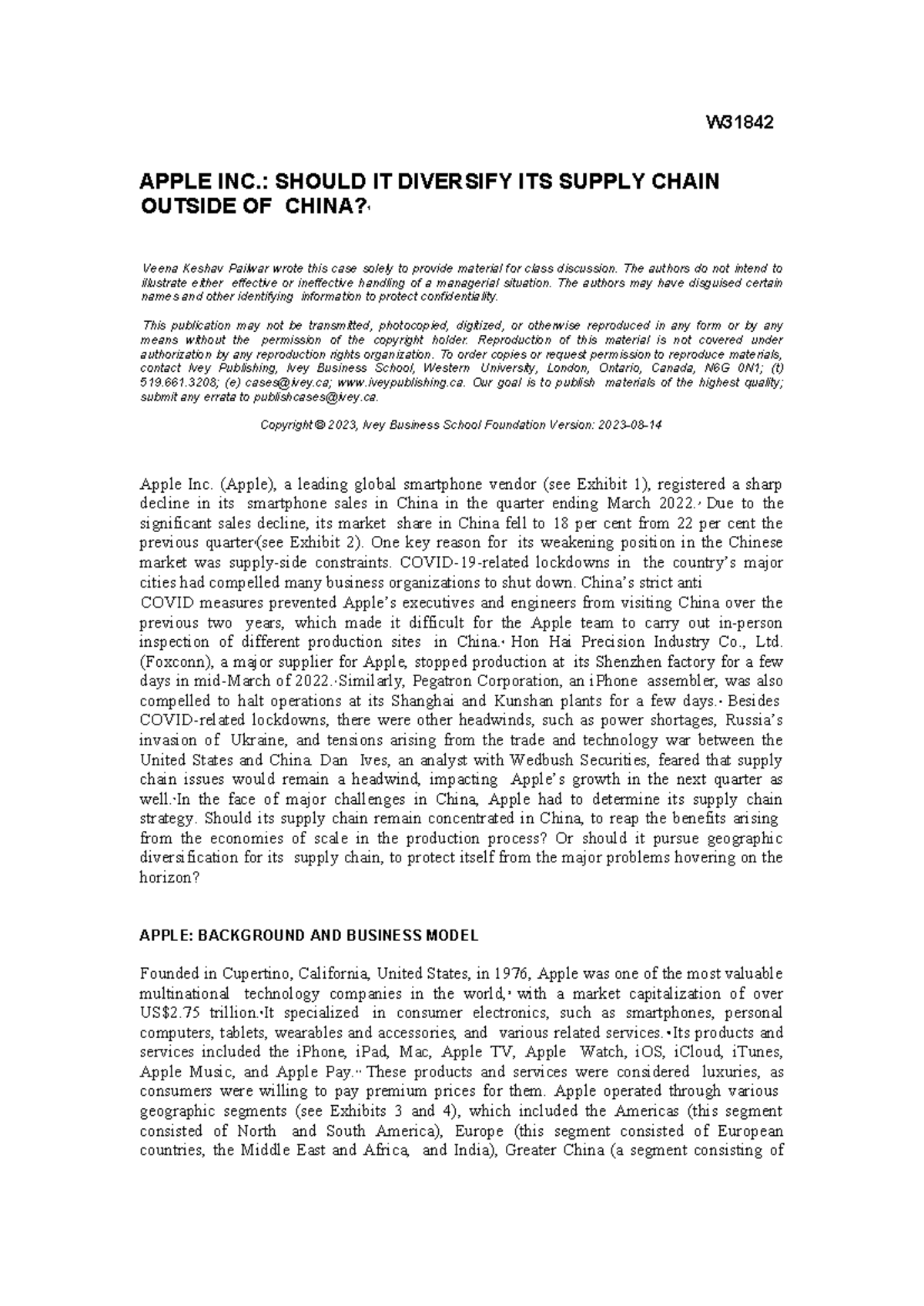 W31842 Case Study: Apple's Supply Chain Diversification Strategy - Studocu