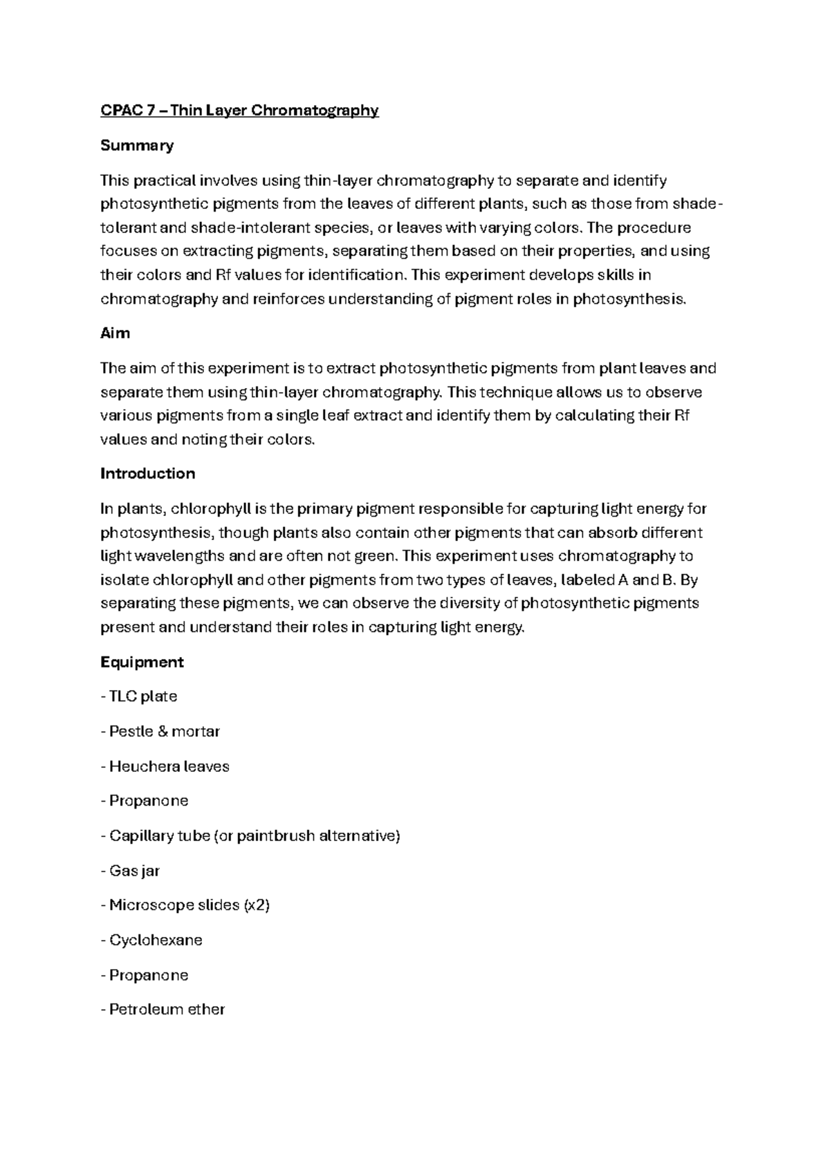 CPAC 7 - Practical on Thin Layer Chromatography of Plant Pigments - Studocu
