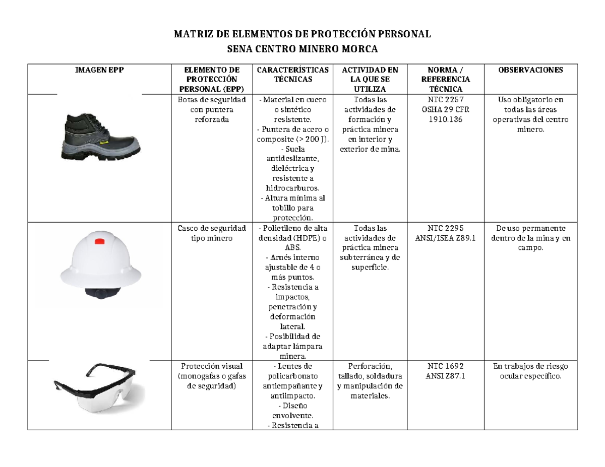 MATRIZ DE ELEMENTOS DE PROTECCIÓN PERSONAL EPP - CENTRO MINERO - Studocu
