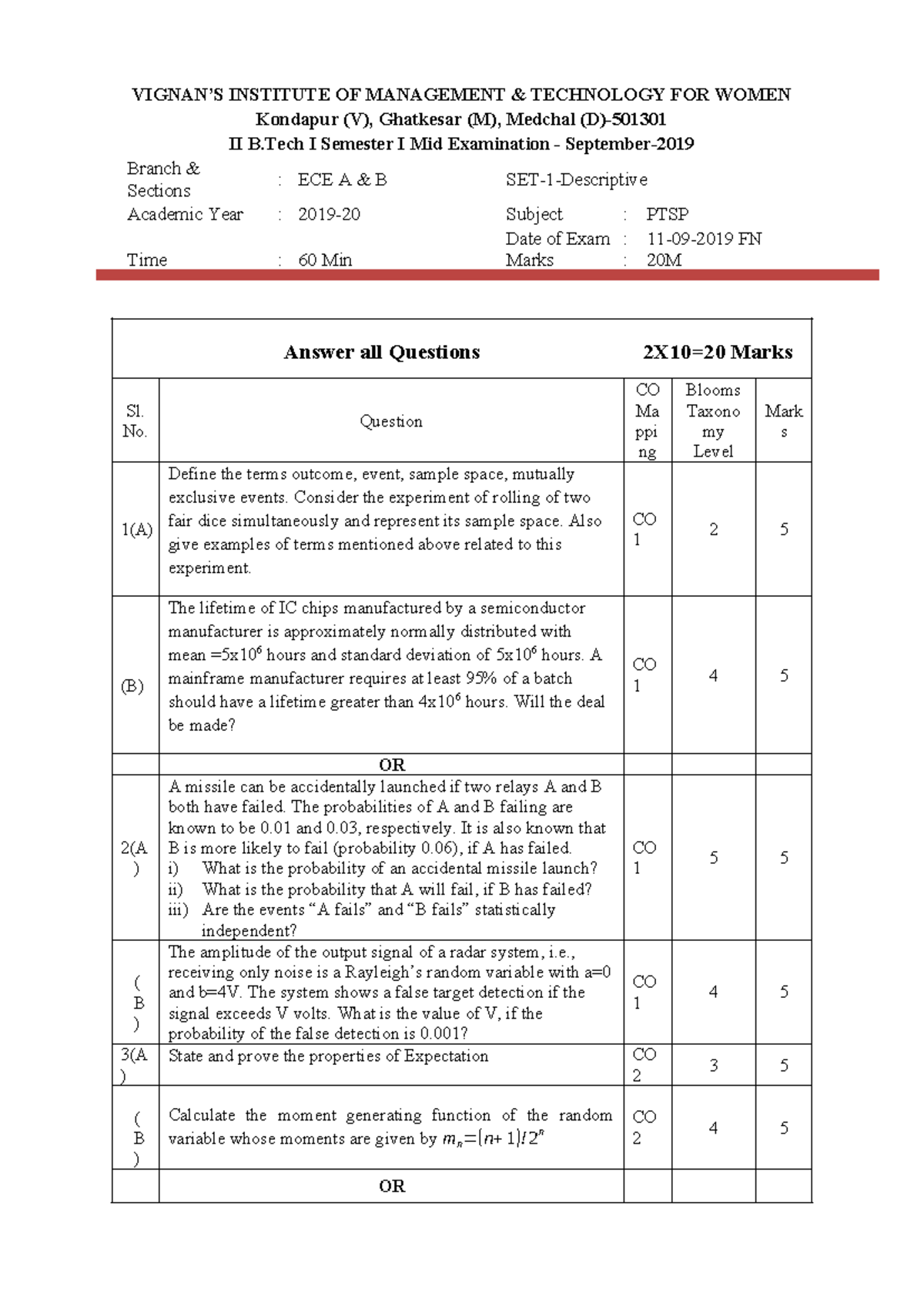 ECE II B.Tech I Sem I Mid Exam - PTSP Question Paper Sept 2019 - Studocu