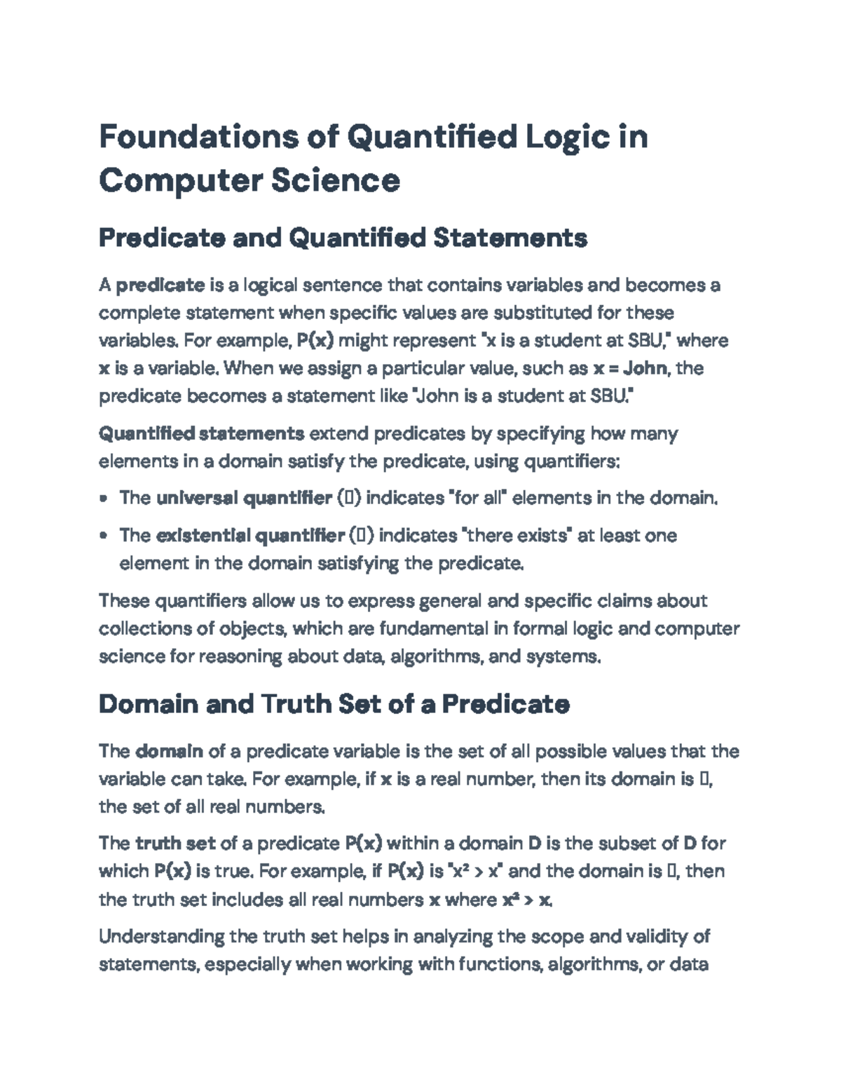 Foundations of Quantified Logic in CS: Predicate Logic Overview - Studocu
