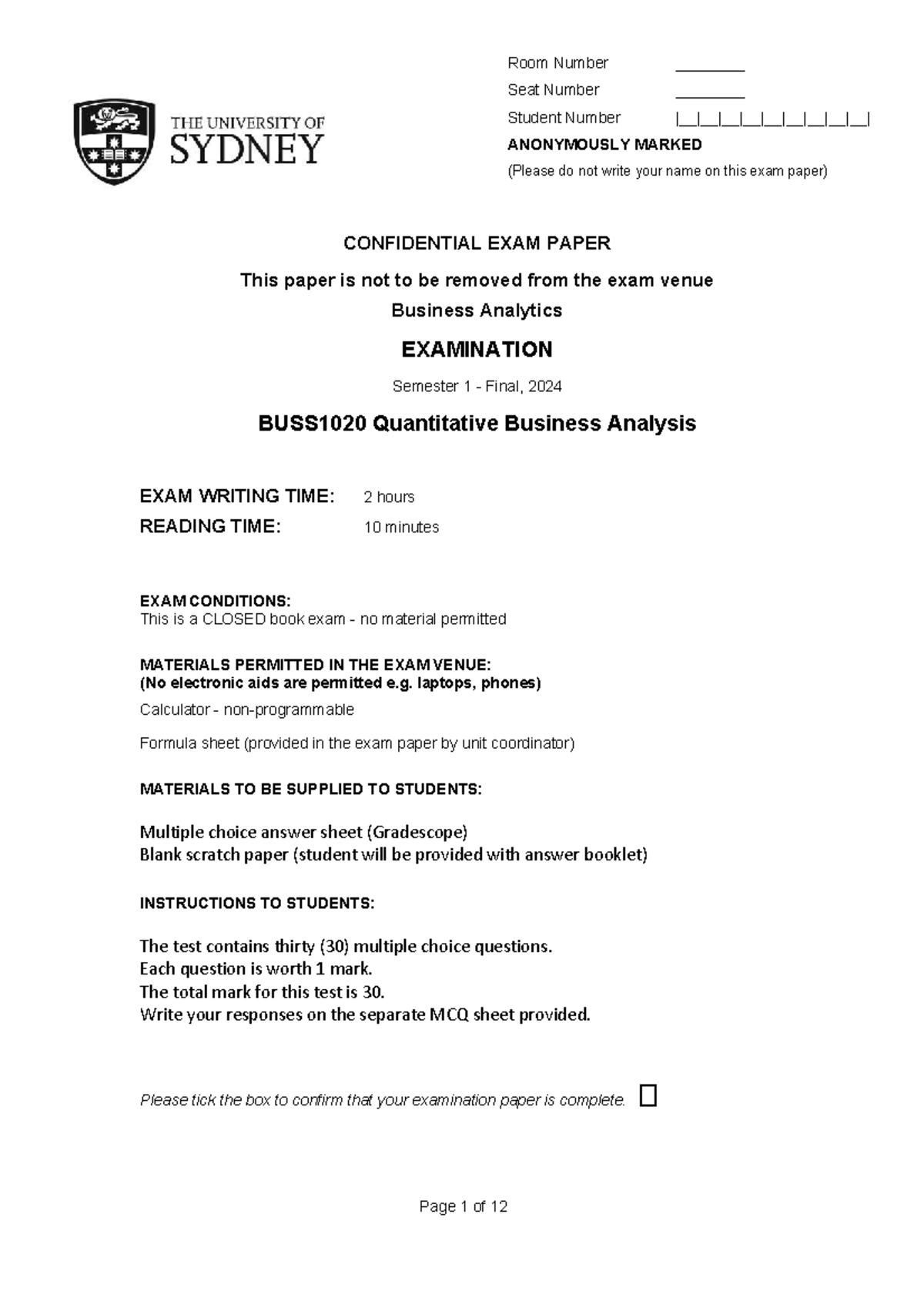 BUSS1020 Final Exam Paper - Quantitative Business Analysis, Sem 1 2024 ...