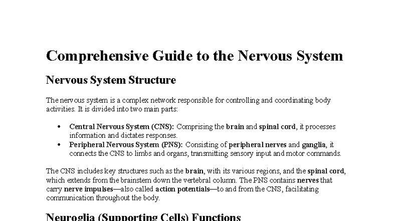 CNS & PNS: A Comprehensive Guide to Nervous System Structure - Studocu