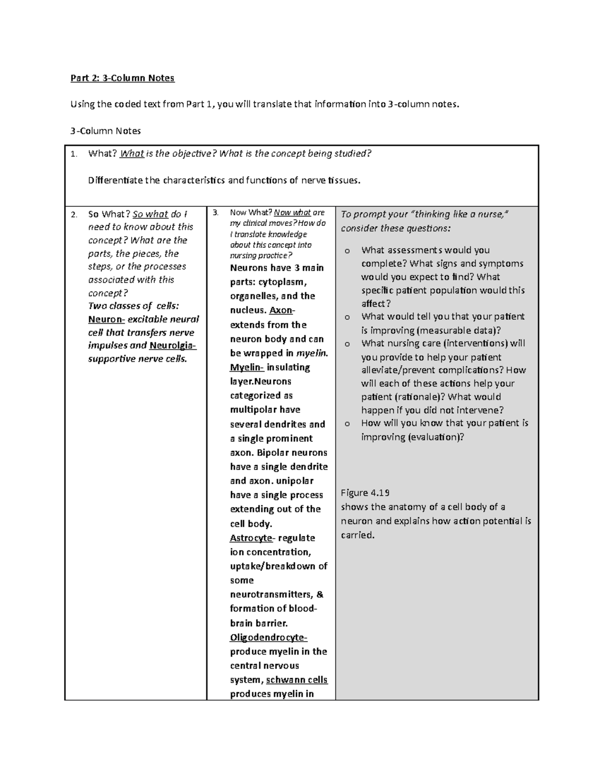 NUR 302: 3-Column Notes on Nerve Tissue and Nursing Implications - Studocu