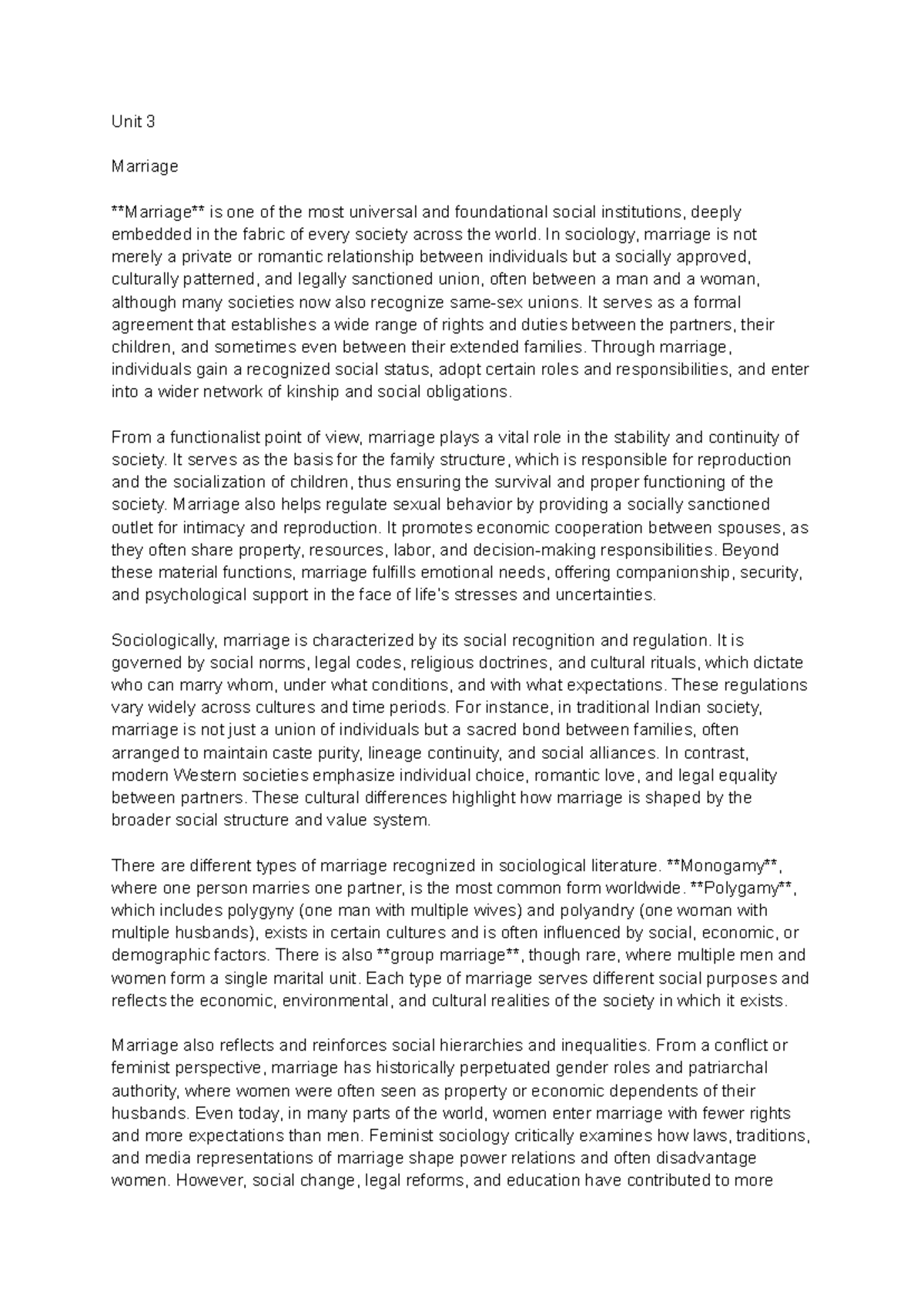 Unit 3 - Sociological Perspectives on Marriage and Its Functions - Studocu