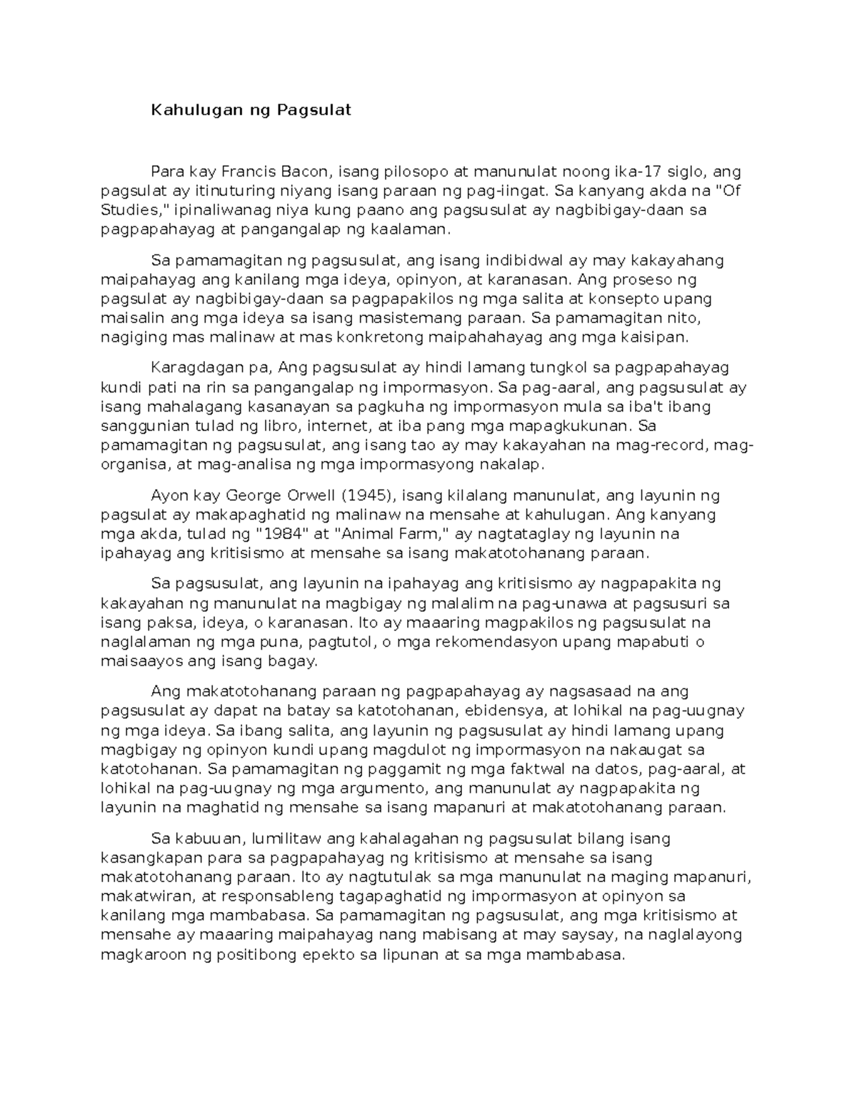 Kahulugan ng Pagsulat: Isang Pagsusuri at Kahalagahan RRL - Studocu